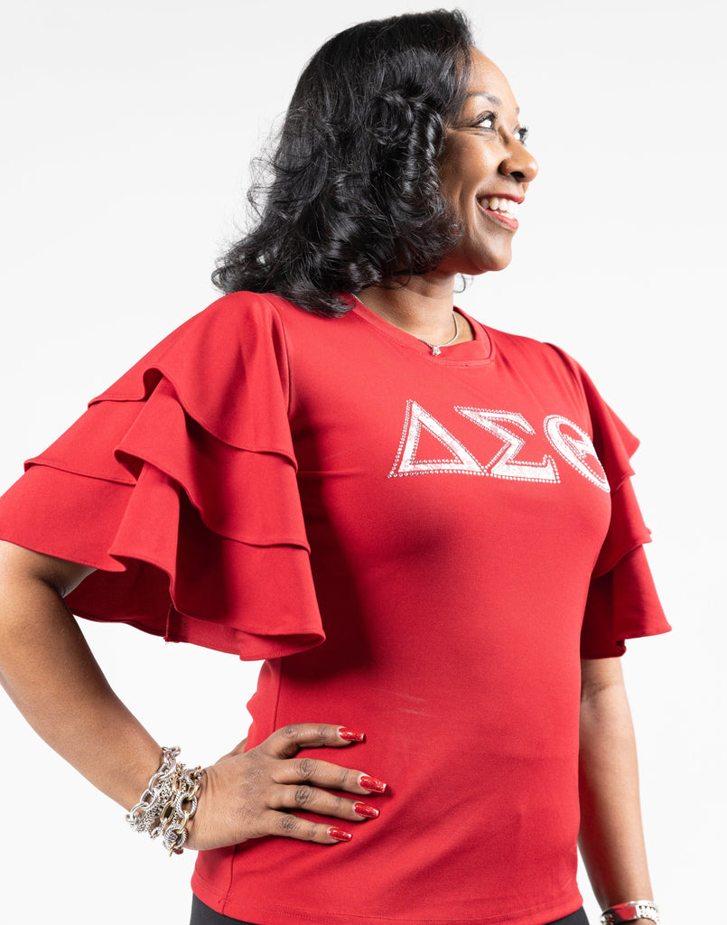 PREORDER ONLY Delta Sigma Theta Letters Ruffle Blouse with Bling