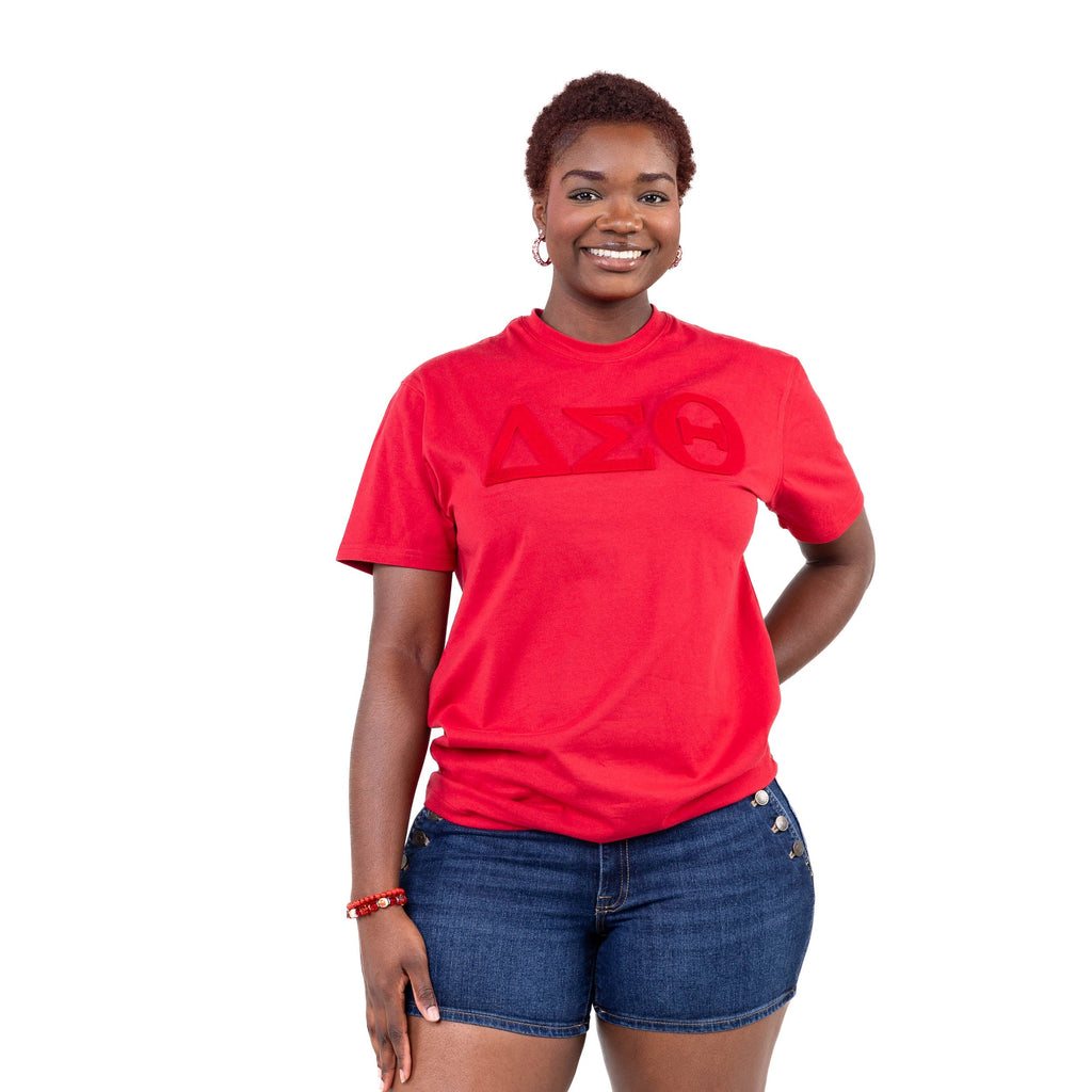 Delta Sigma Theta Red on Red Letters Brush Embroidery Tee