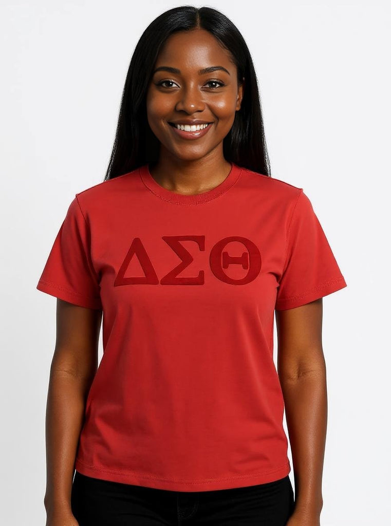 Delta Sigma Theta Red on Red Letters Brush Embroidery Tee