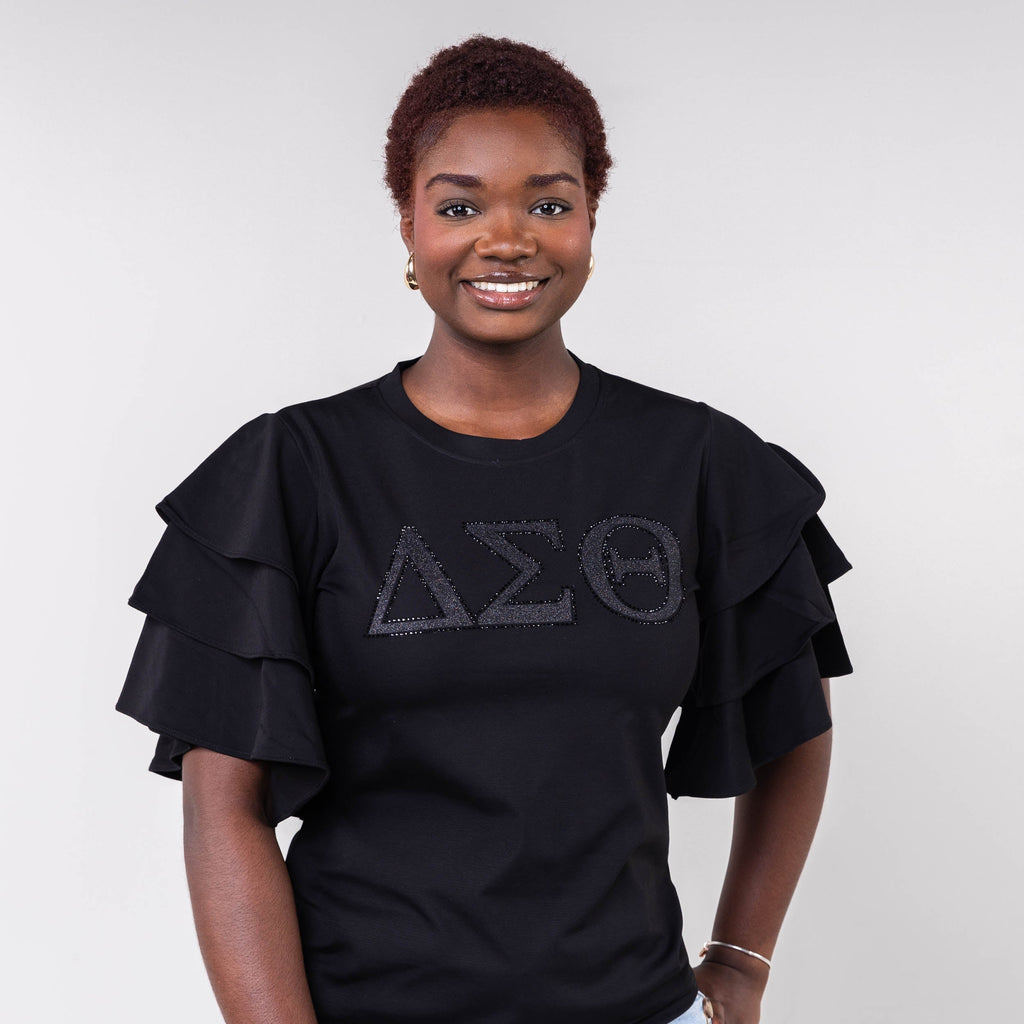 Delta Sigma Theta Letters Ruffle Blouse with Bling BLACK