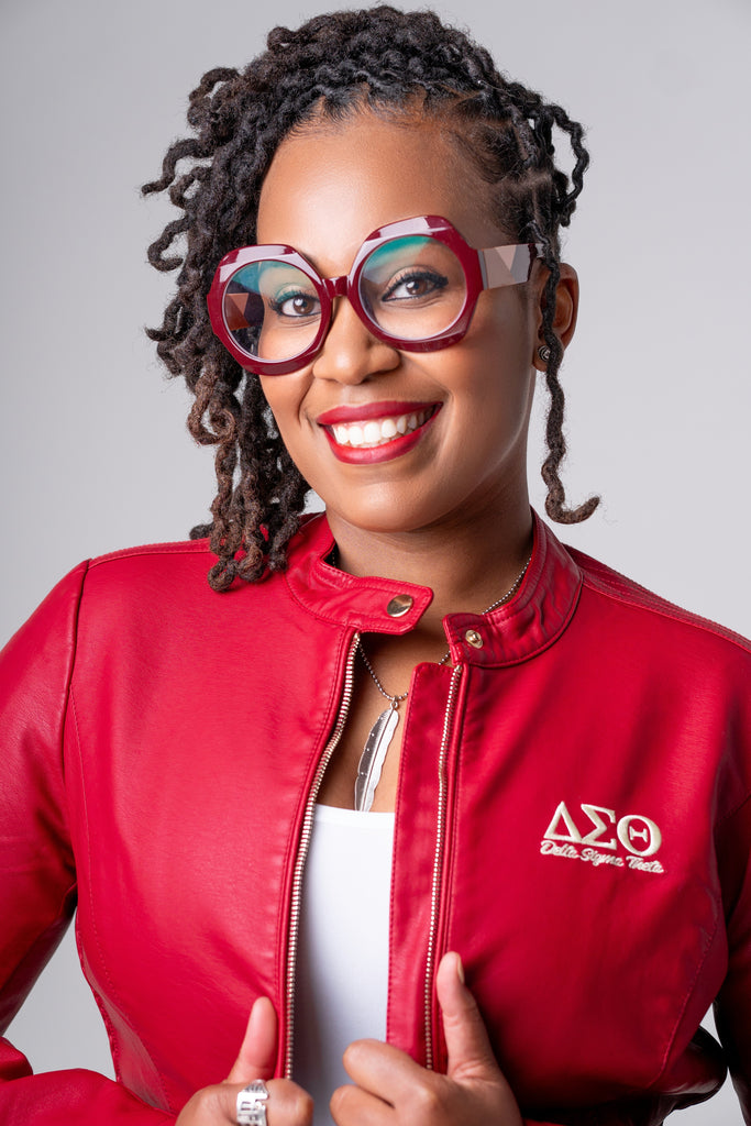 PU Leather Embroidered Delta Jacket (Crimson)