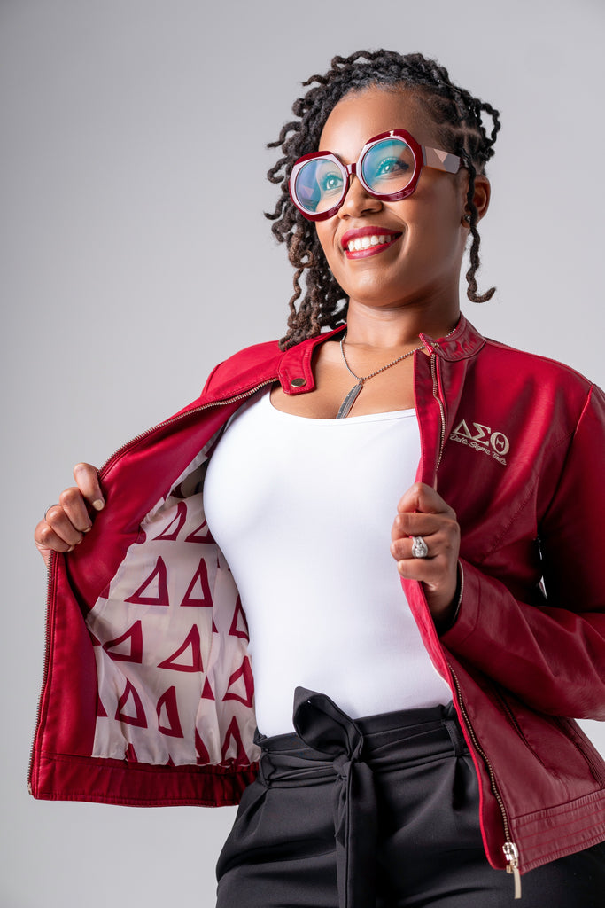 PU Leather Embroidered Delta Jacket (Crimson)