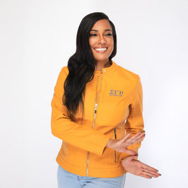 PU Leather Embroidered Delta Jacket (Crimson)